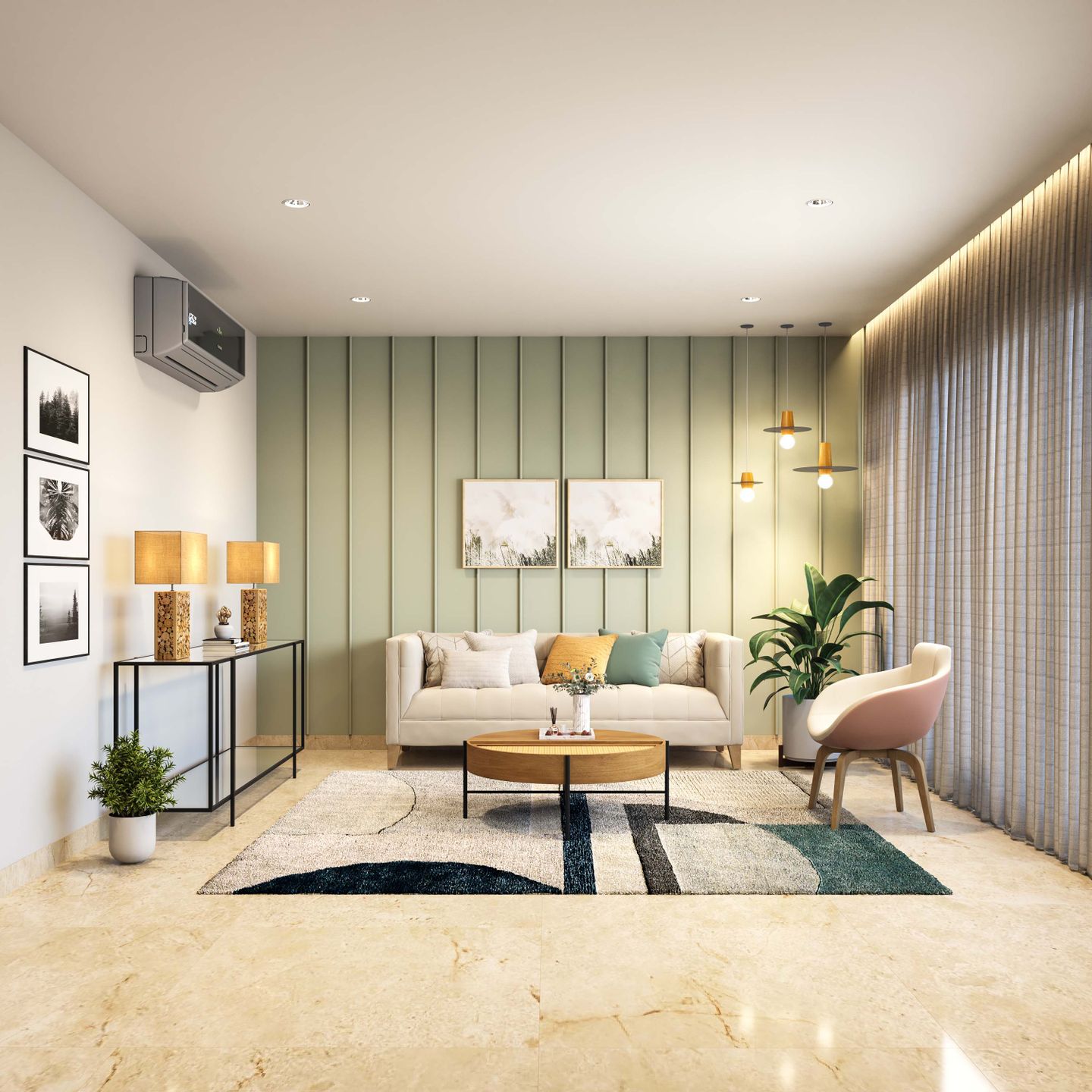 Beige Square Flooring Design With Colourful Rug | Livspace