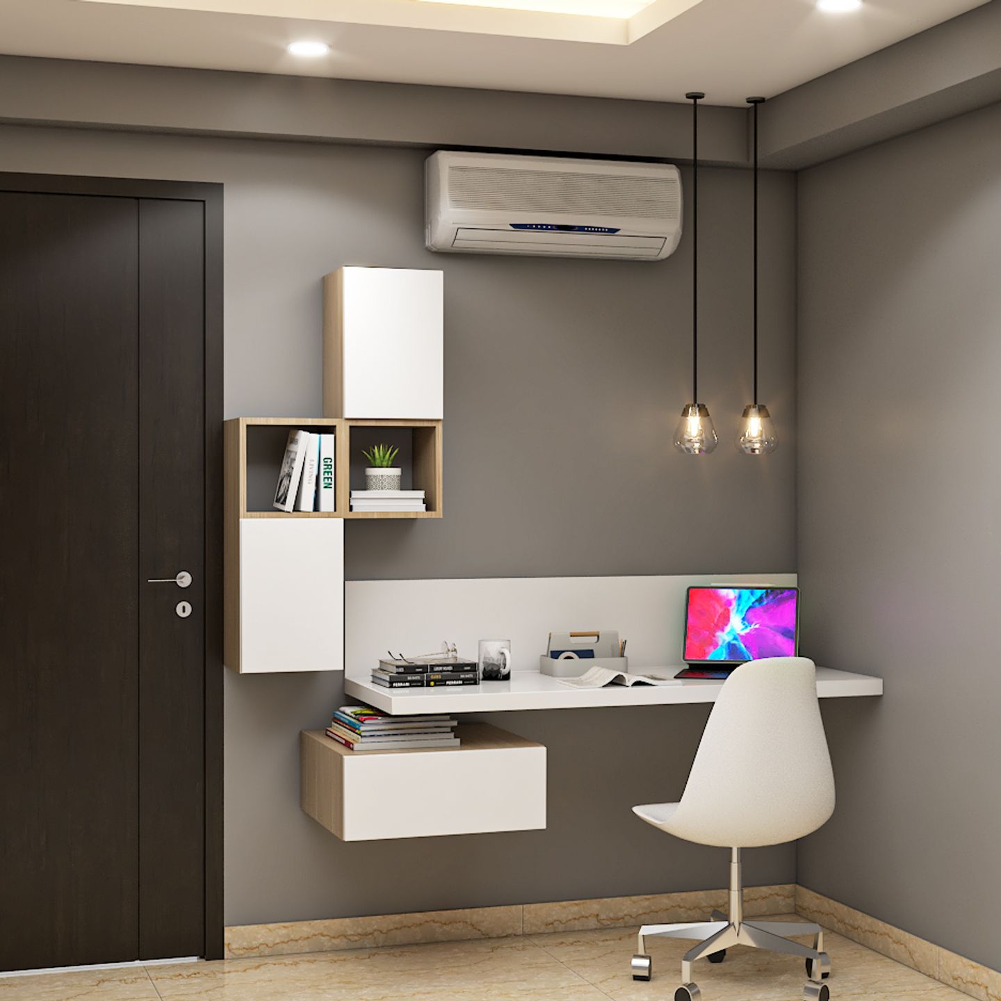 White And Brown Study Room Design With White Swivel Chair | Livspace