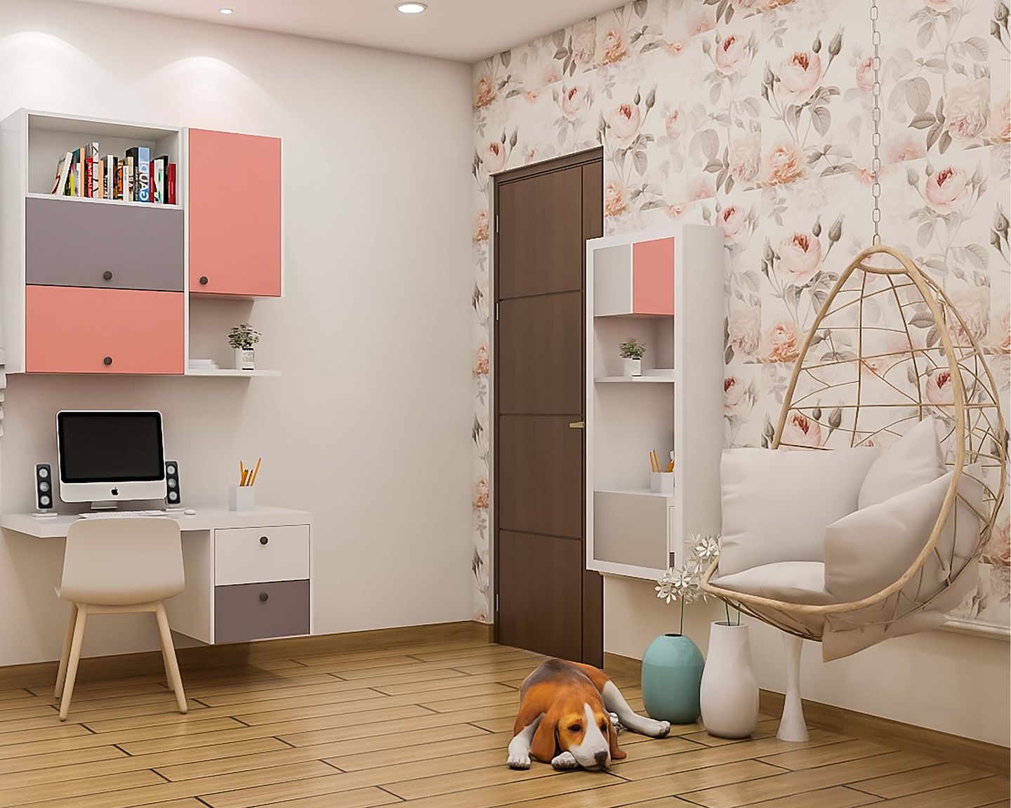Rose Pink And Grey Compact Study Room Design | Livspace
