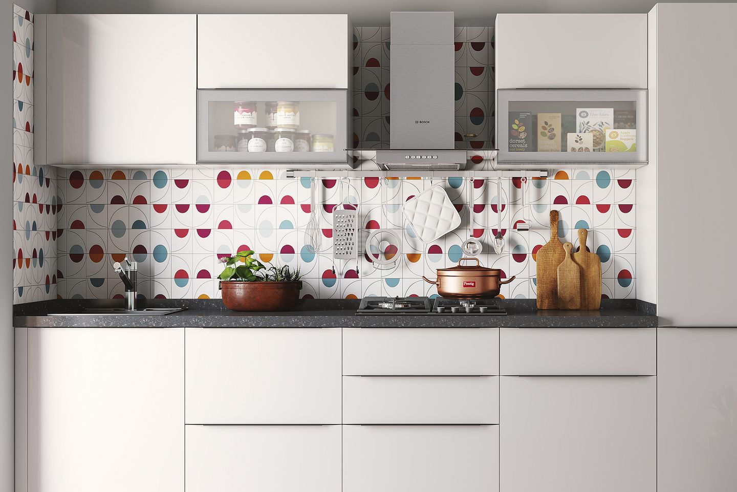 Multicoloured Geometric Kitchen Tile Design | Livspace