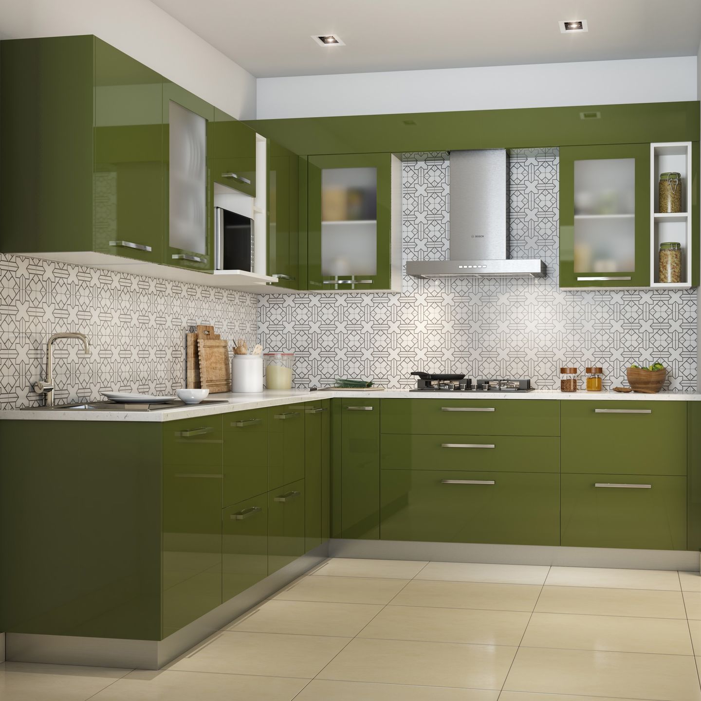 White And Green Ceramic Kitchen Tile Design | Livspace
