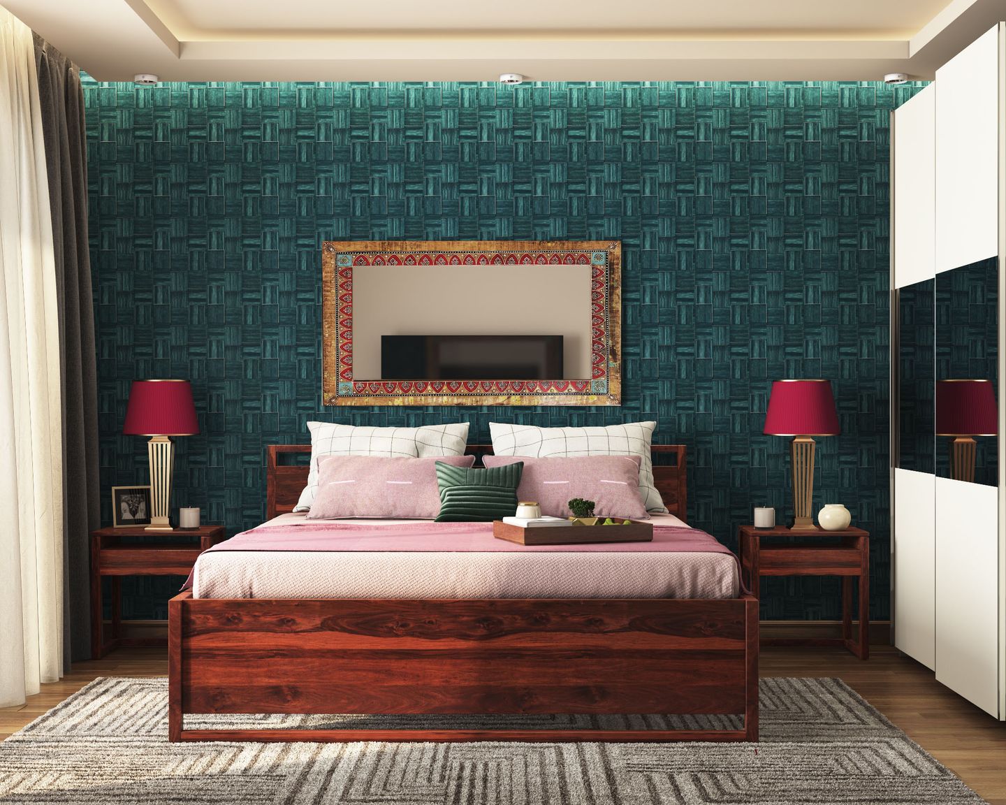 Green Geometric Bedroom Wallpaper Design | Livspace