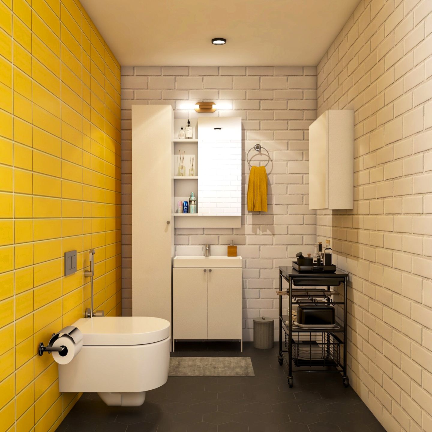 White-Yellow And Black Bathroom Design With Shutter Storage Unit | Livspace