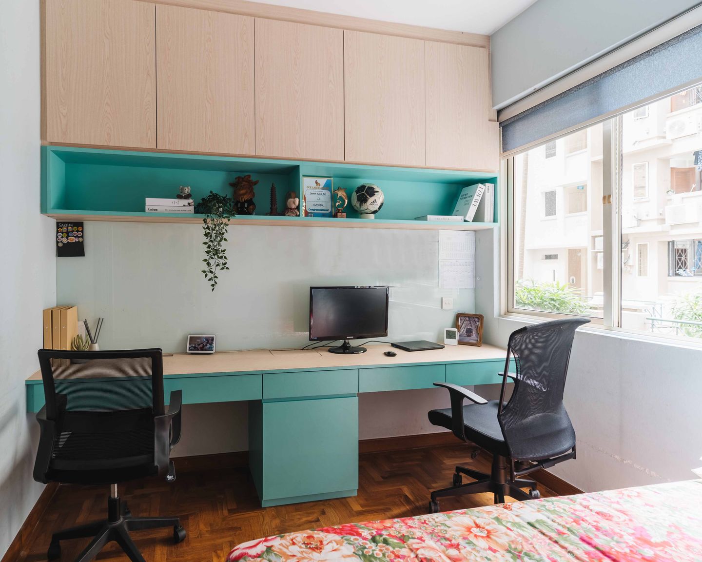 Home Office Design With Celestial Blue And American Walnut Study Table ...