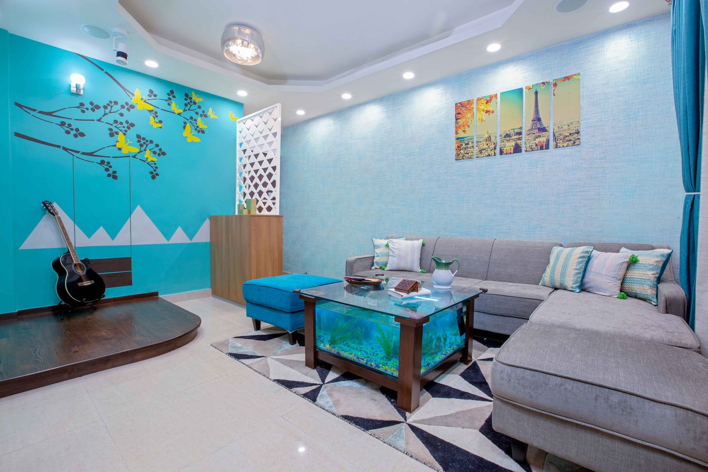 2 BHK Apartment Design With Blue-Themed Living Room | Livspace