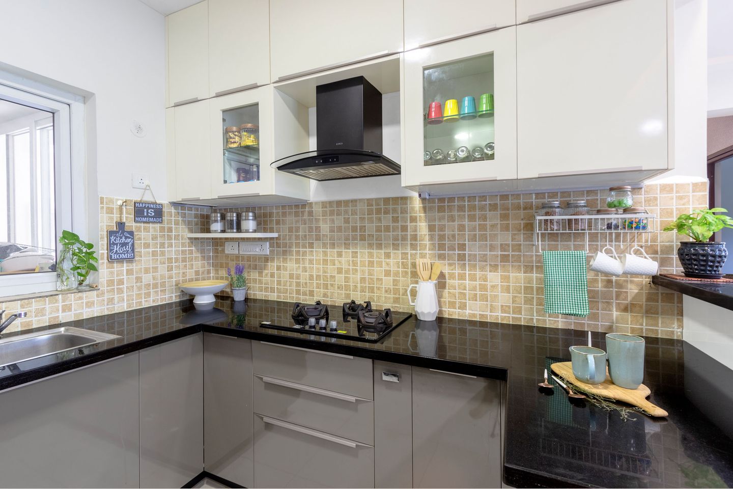 Dove Grey And Champagne Toned Modular Kitchen Design | Livspace