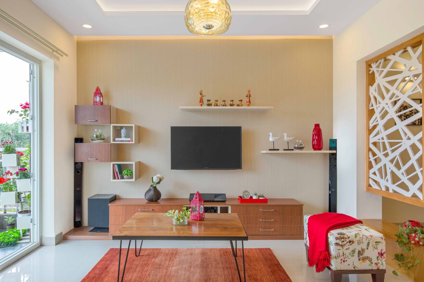 Brown And White TV Unit Design With Open Wall-Mounted Storage | Livspace