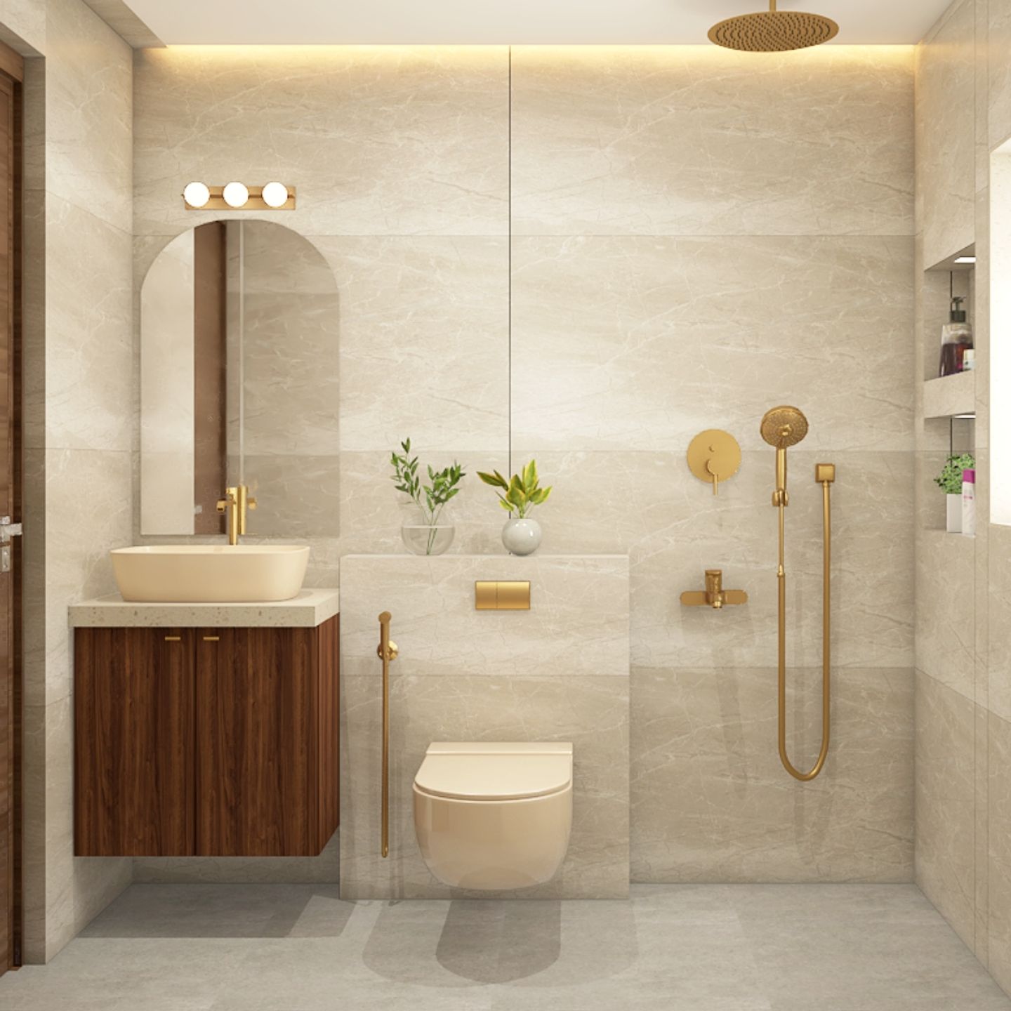 Contemporary Bathroom Design With Wooden Laminate Vanity Storage | Livspace