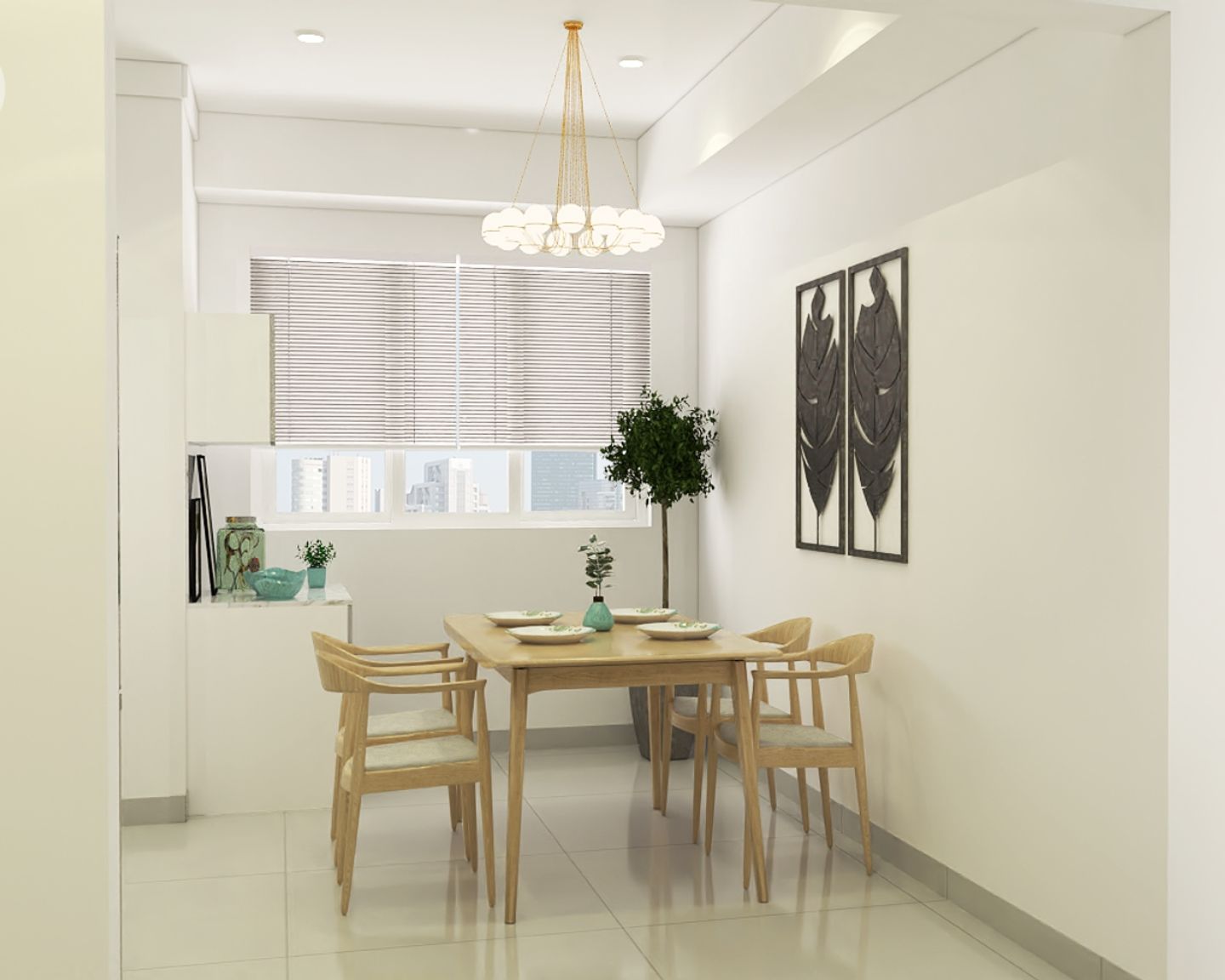 4-Seater Wooden Dining Room Design With White Storage Unit | Livspace