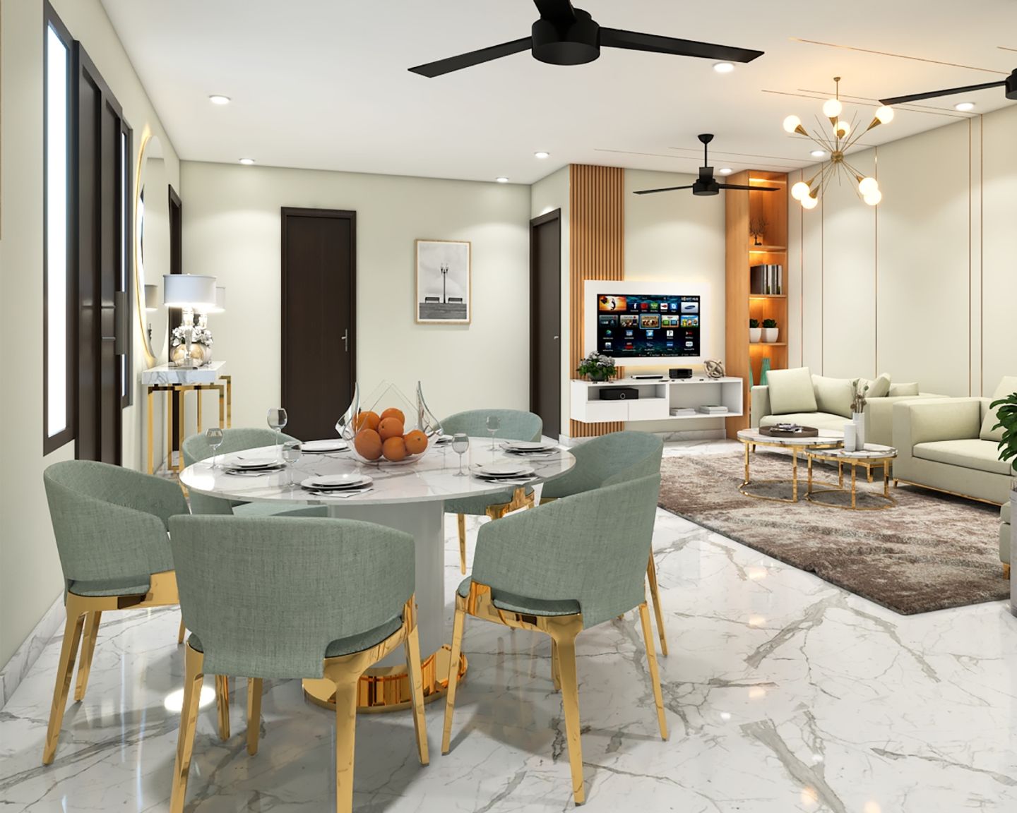 6-Seater Round White And Light Green Dining Room Design | Livspace
