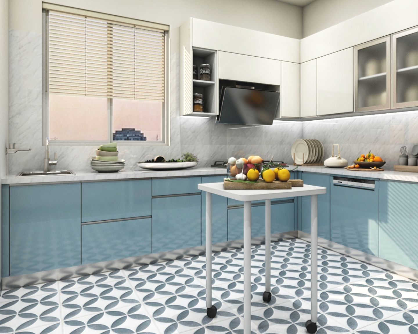 White And Blue Rectangular Flooring Design | Livspace