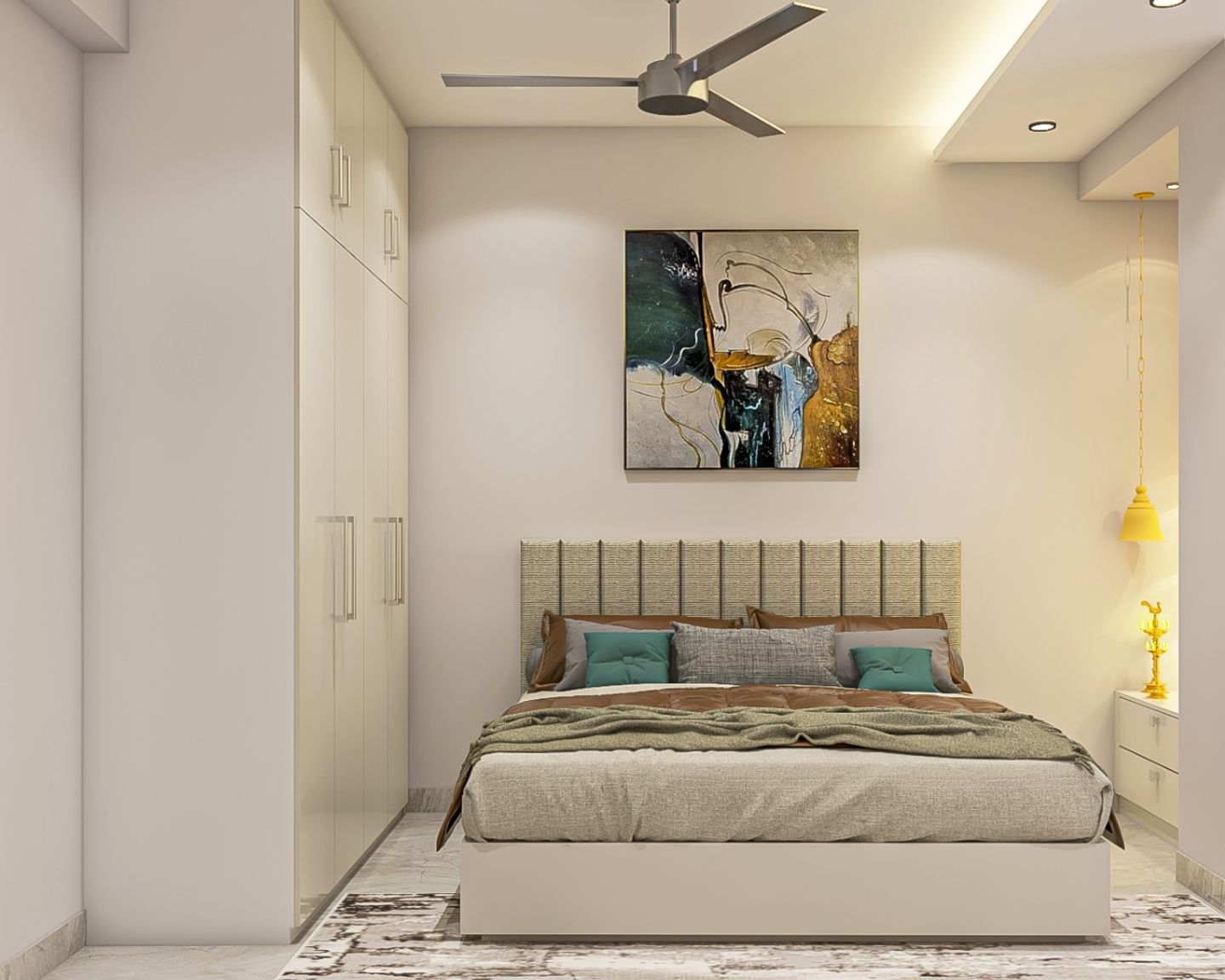 Guest Room Design With Beige Headboard And 4-Door Wardrobe | Livspace