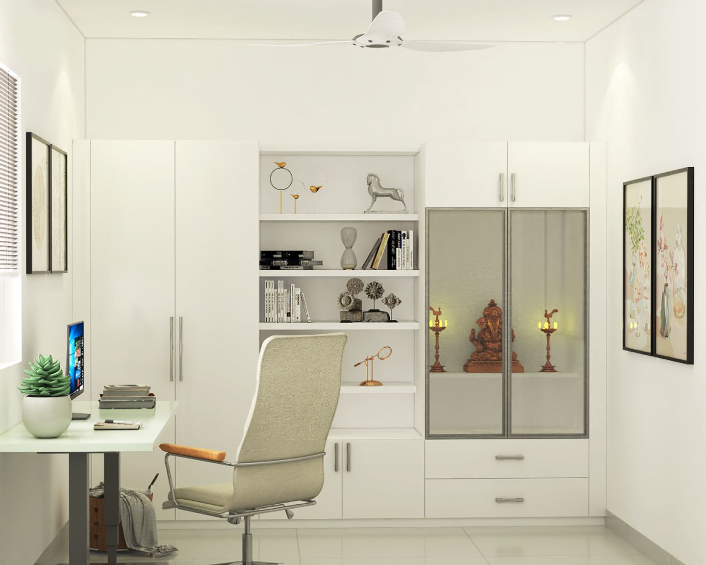 Frosty White Home Office Design With Full Wall Storage Unit | Livspace