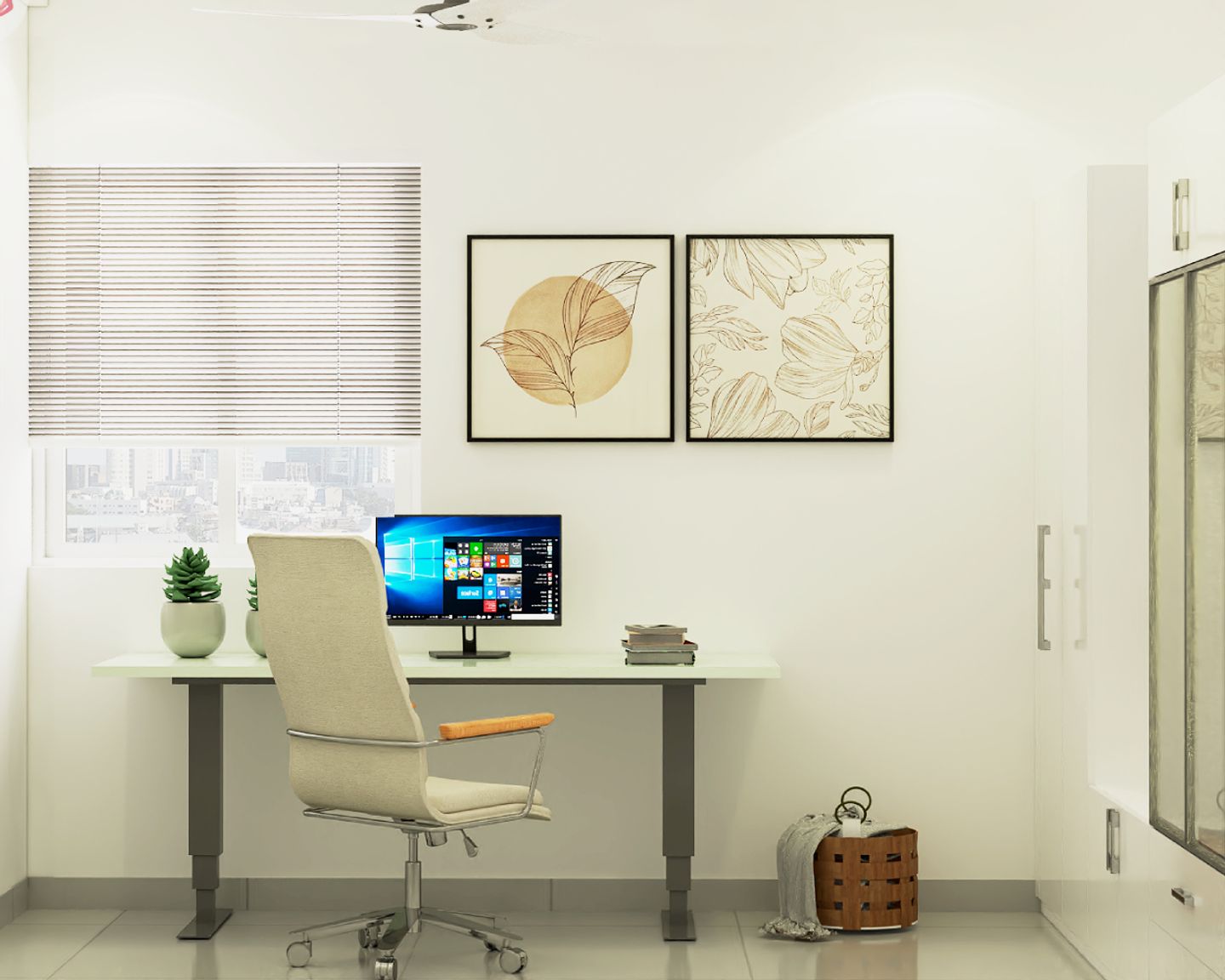 Frosty White Home Office Design With Full Wall Storage Unit | Livspace