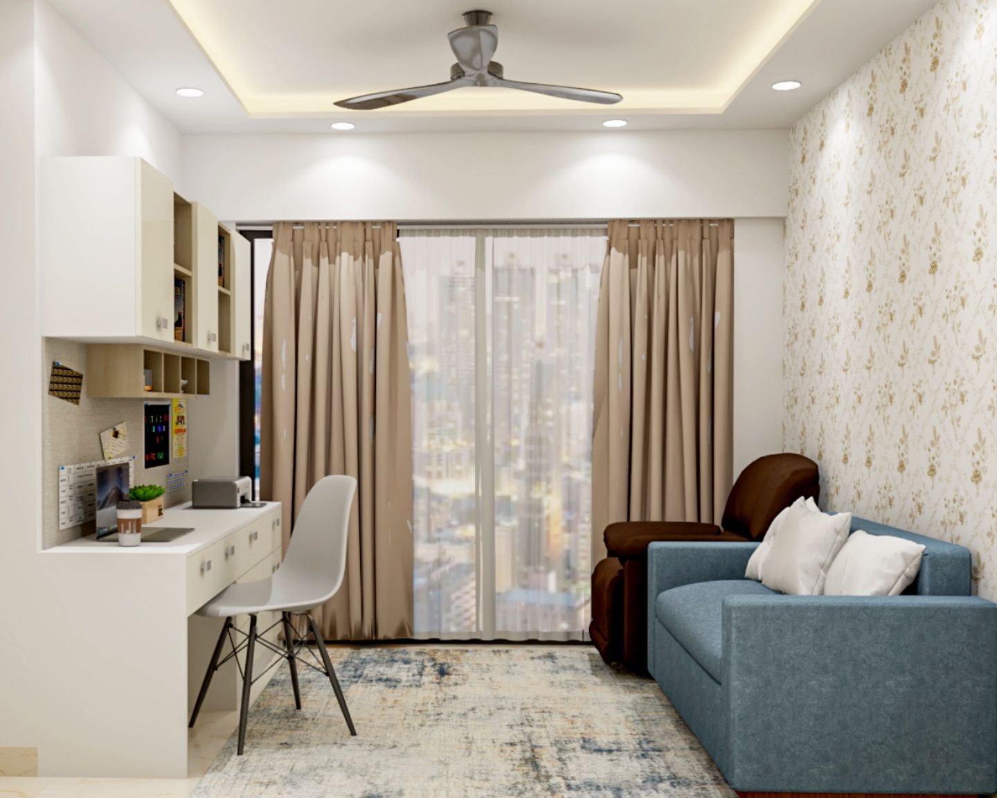 White And Champagne Toned Home Office Design With Wall Shelf Unit ...