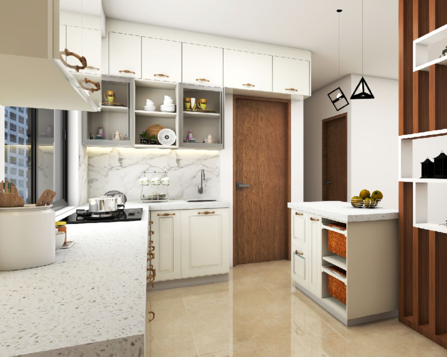 Frosty White U Shaped Modular Kitchen Design | Livspace