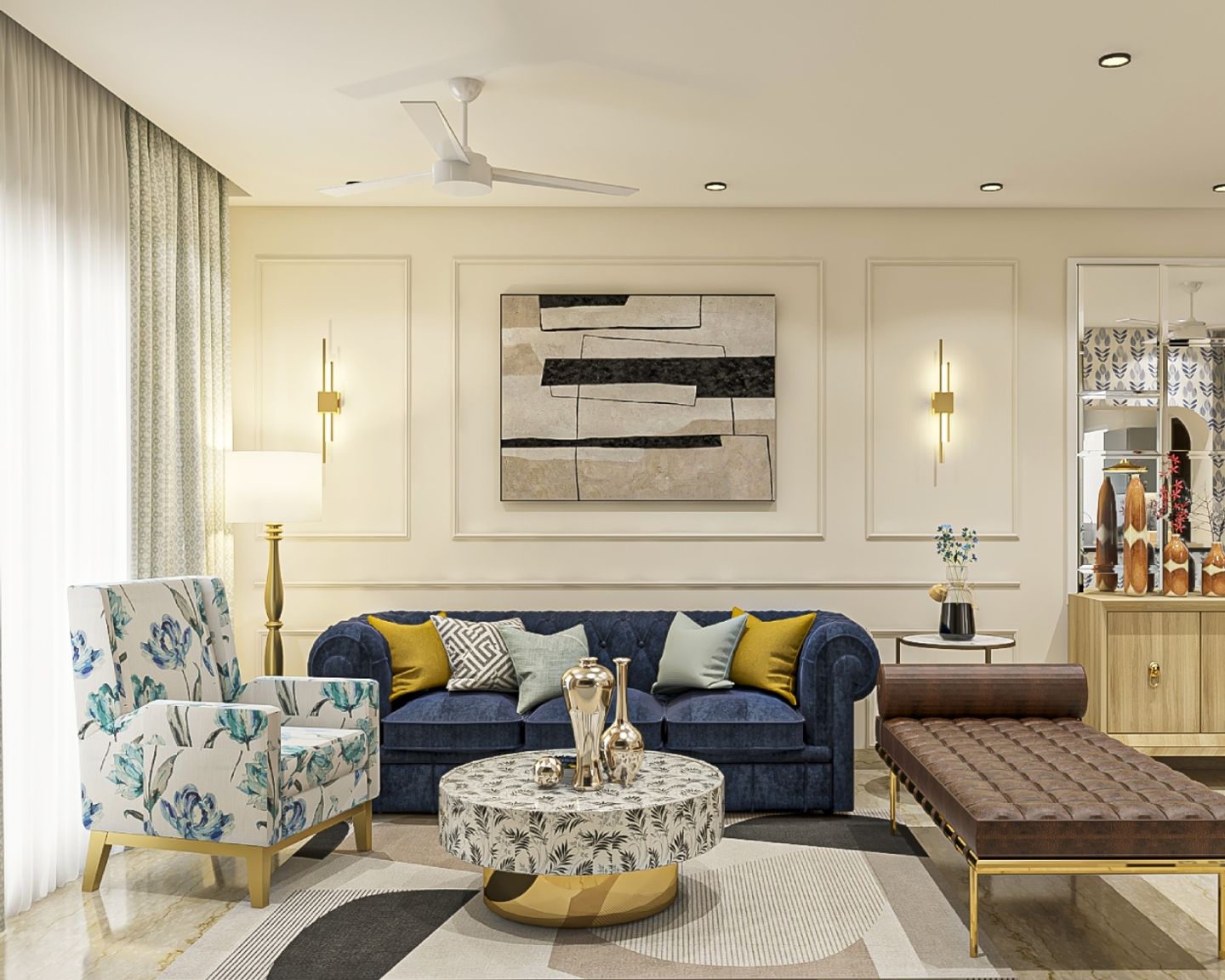 Living Room Design With Dark Blue Sofa And Floral Accent Chair | Livspace