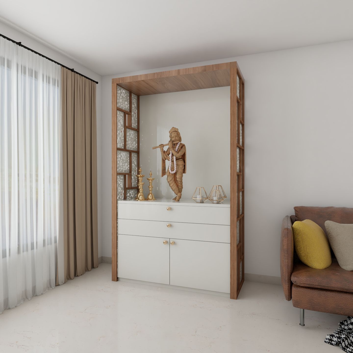 Frosty White Floor-Mounted Pooja Room Design With Side Panels | Livspace Frosty White Floor-Mounted Pooja Room Design With Side Panels | Livspace