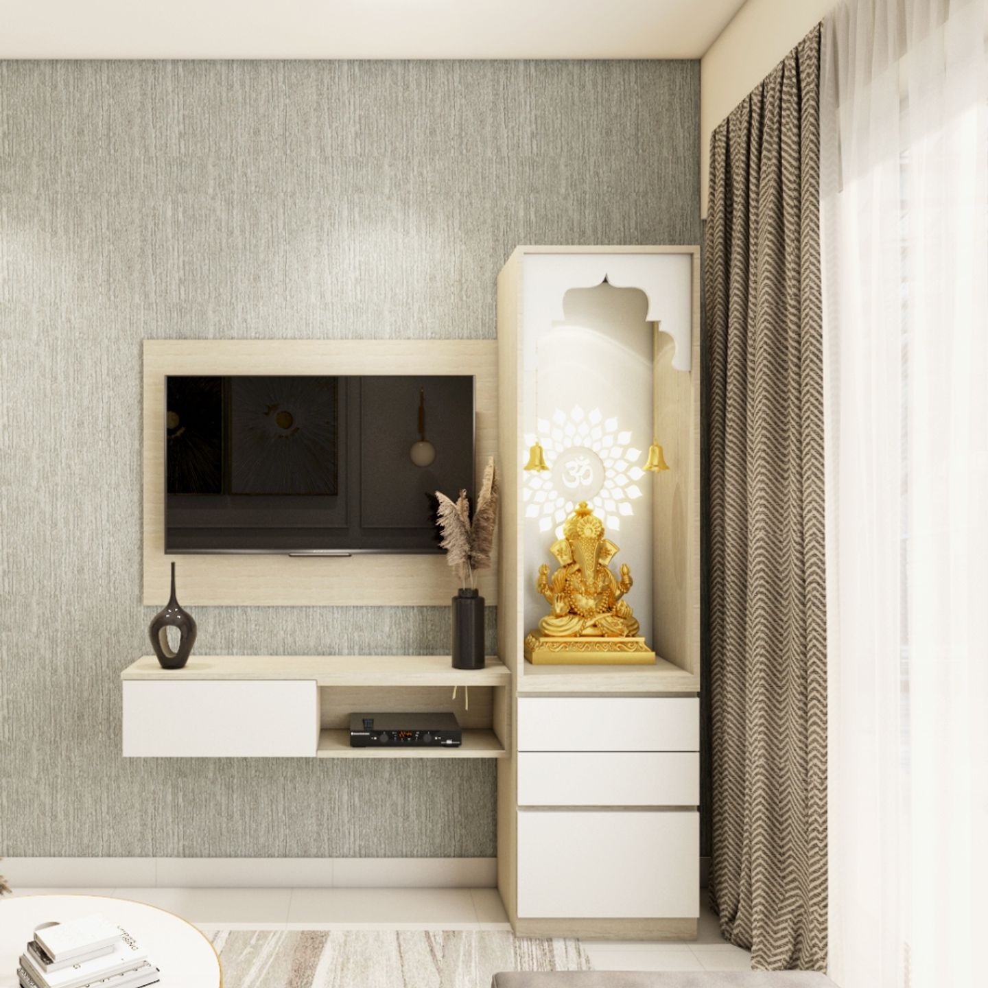 Floor Mounted Frosty White And Wood Mandir Unit Design | Livspace Floor Mounted Frosty White And Wood Mandir Unit Design | Livspace