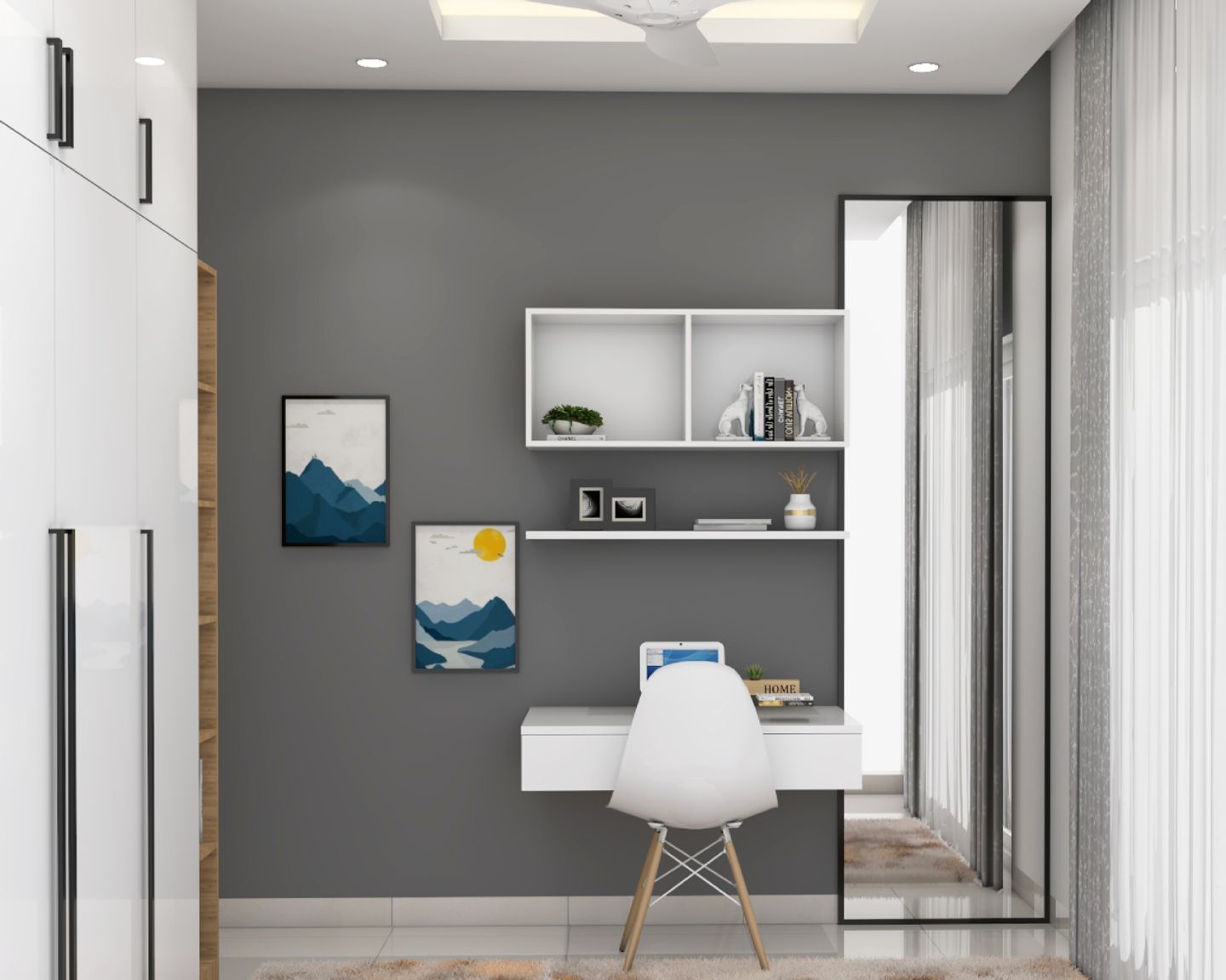 Frosty White Study Room Design With Grey Painted Wall | Livspace