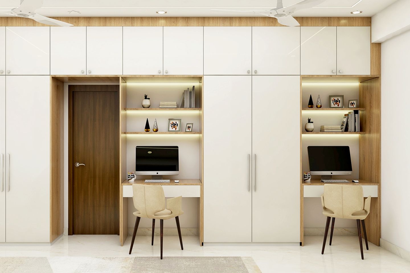 Frosty White And Teak Study Room Design With Beige Upholstered Chair ...