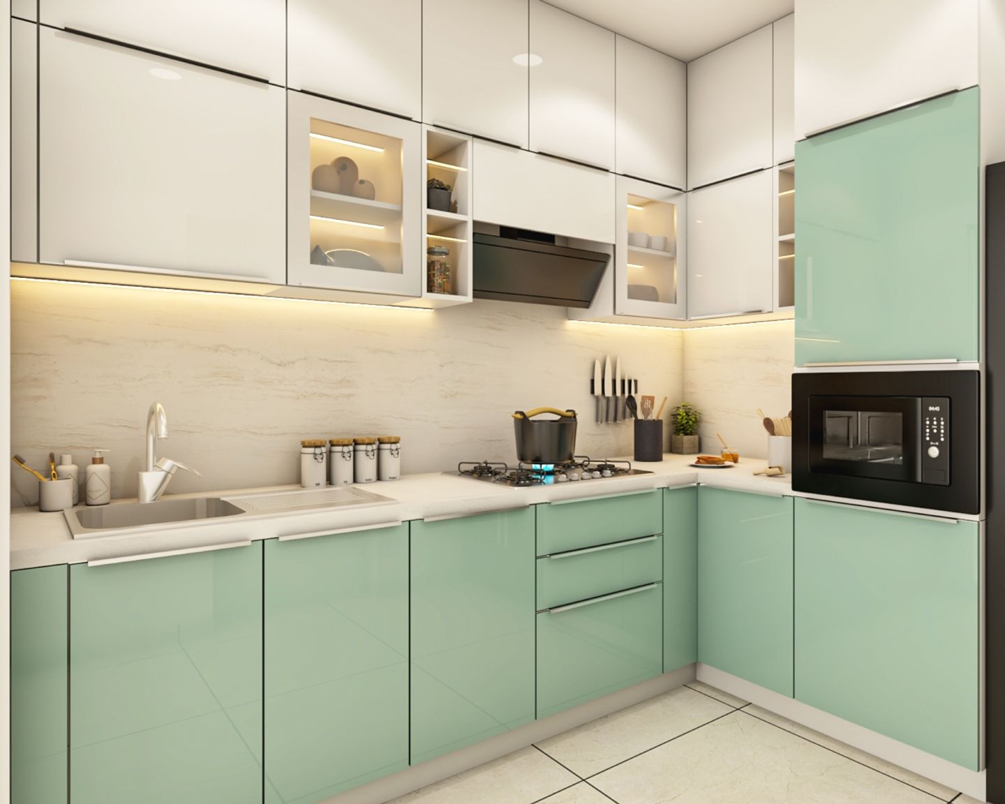 Marble Cream-Toned Kitchen Tile Design | Livspace