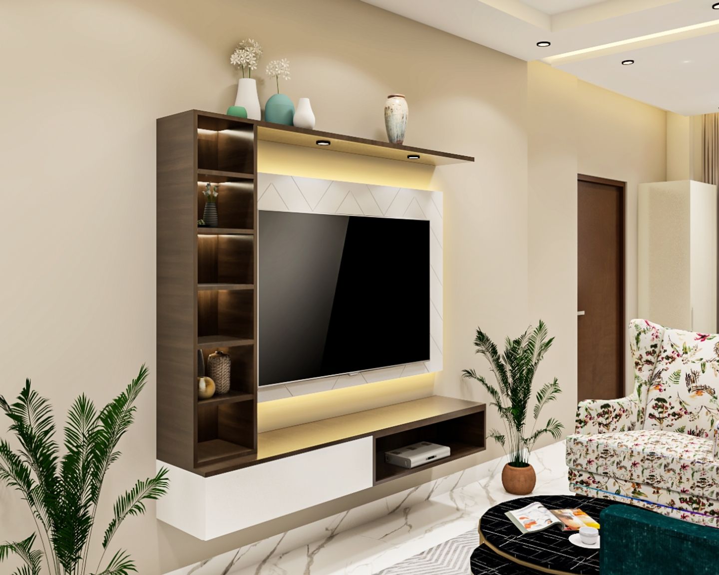 White And Brown Wall-Mounted TV Unit Design With Open Shelves | Livspace
