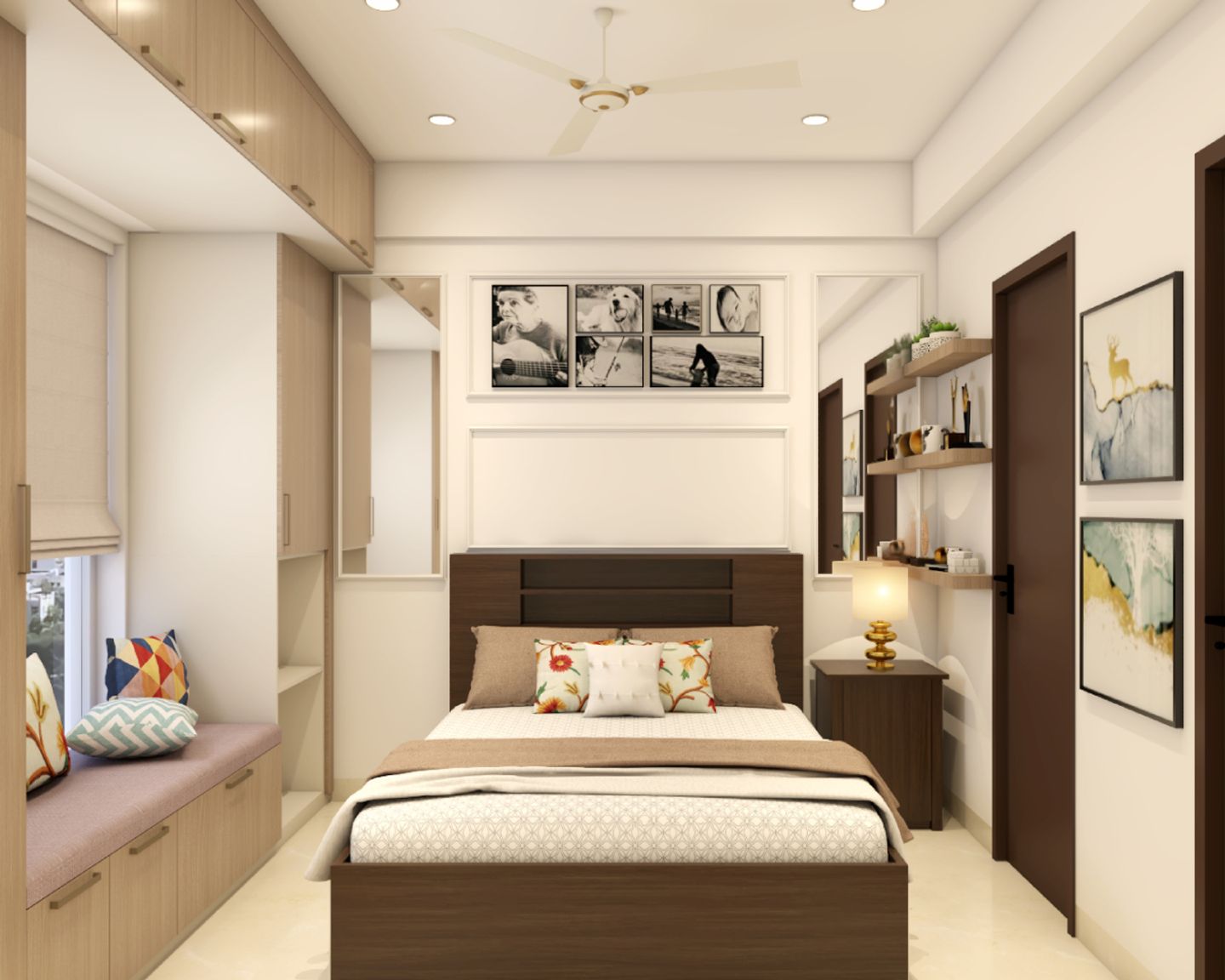 Spacious Kids Room Design With Wooden Wardrobe Unit And Window Seater ...