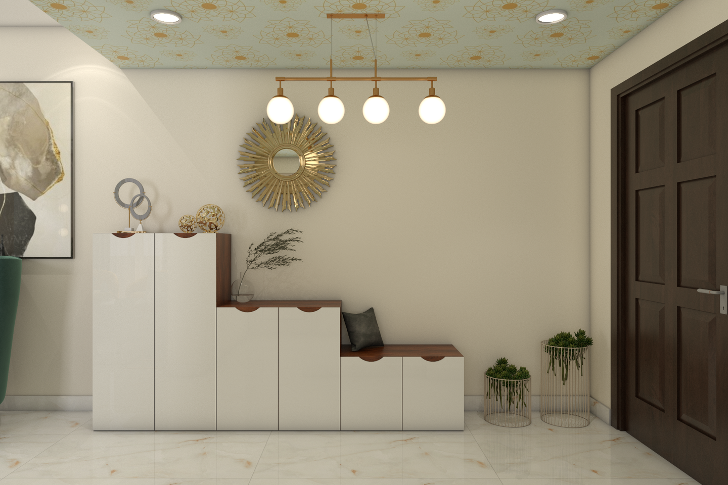 Spacious Foyer Design With Wooden And White Finishes | Livspace