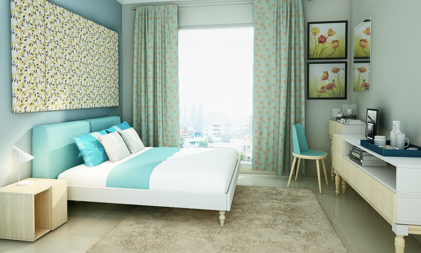 Contemporary Guest Bedroom With Blue Accent Wall | Livspace