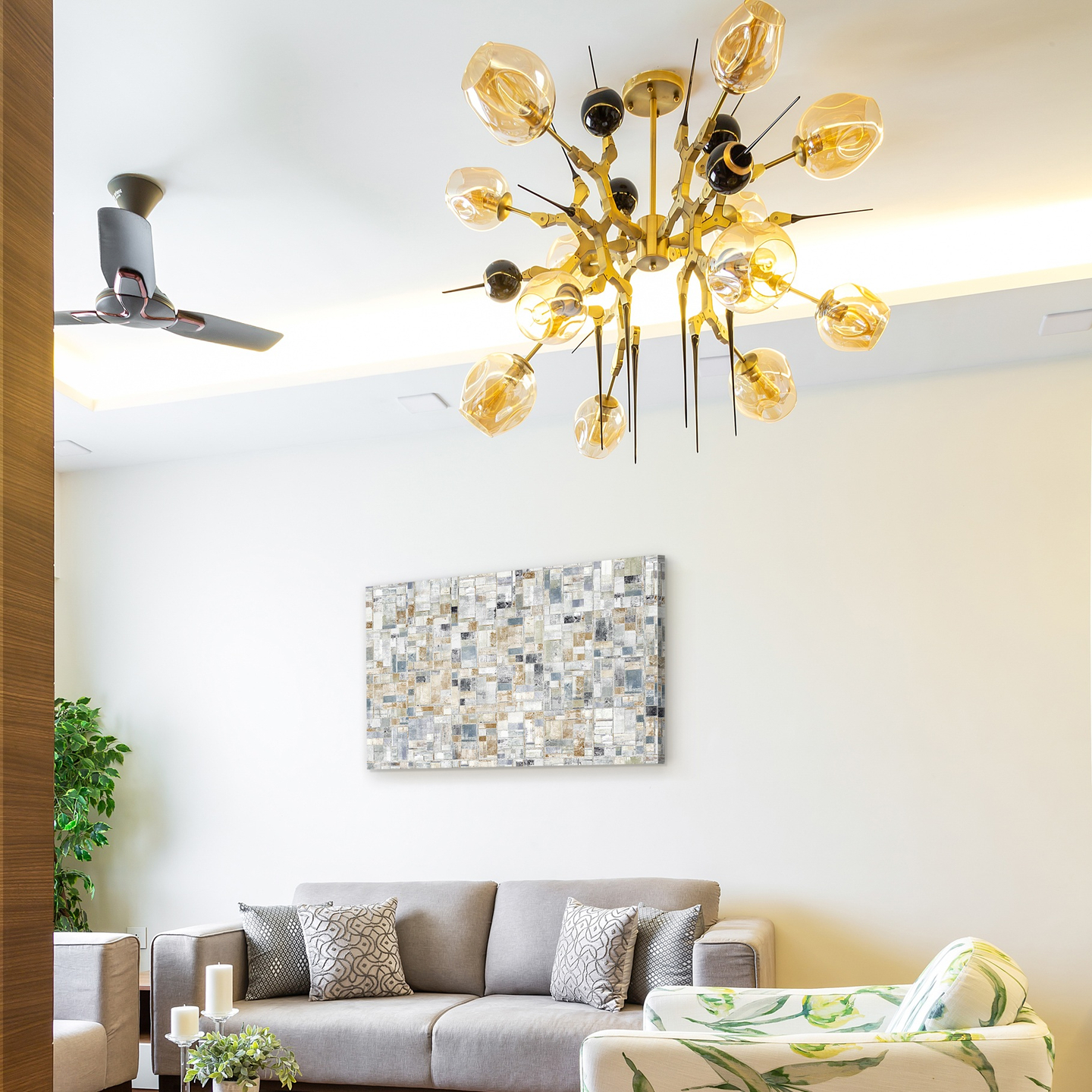 Peripheral False Ceiling With Cove lights And Chandelier | Livspace