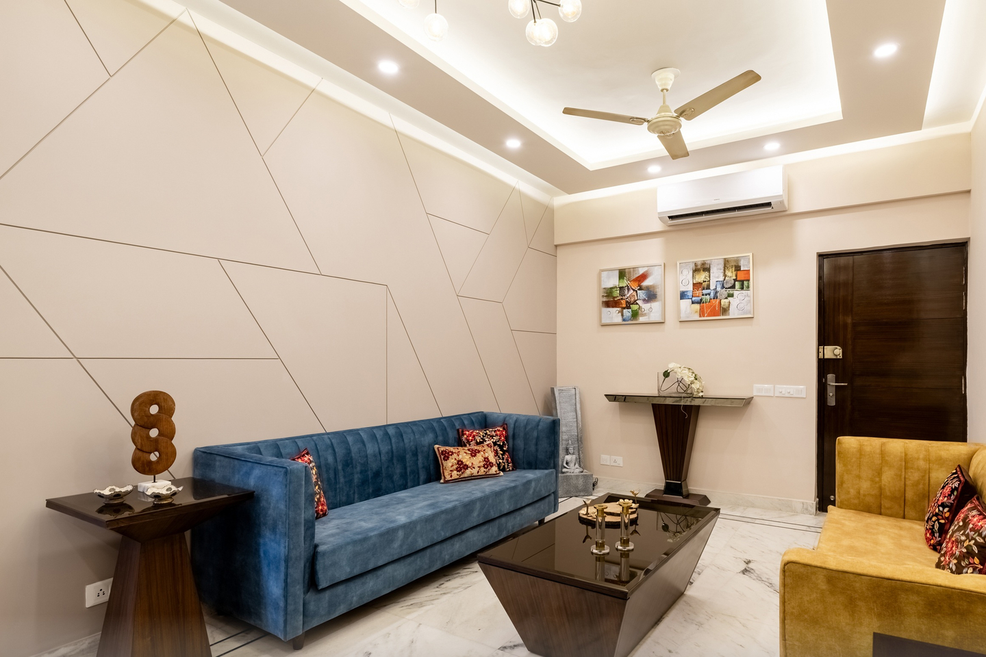 Peripheral Beige Drop False Ceiling With Cove Lights | Livspace