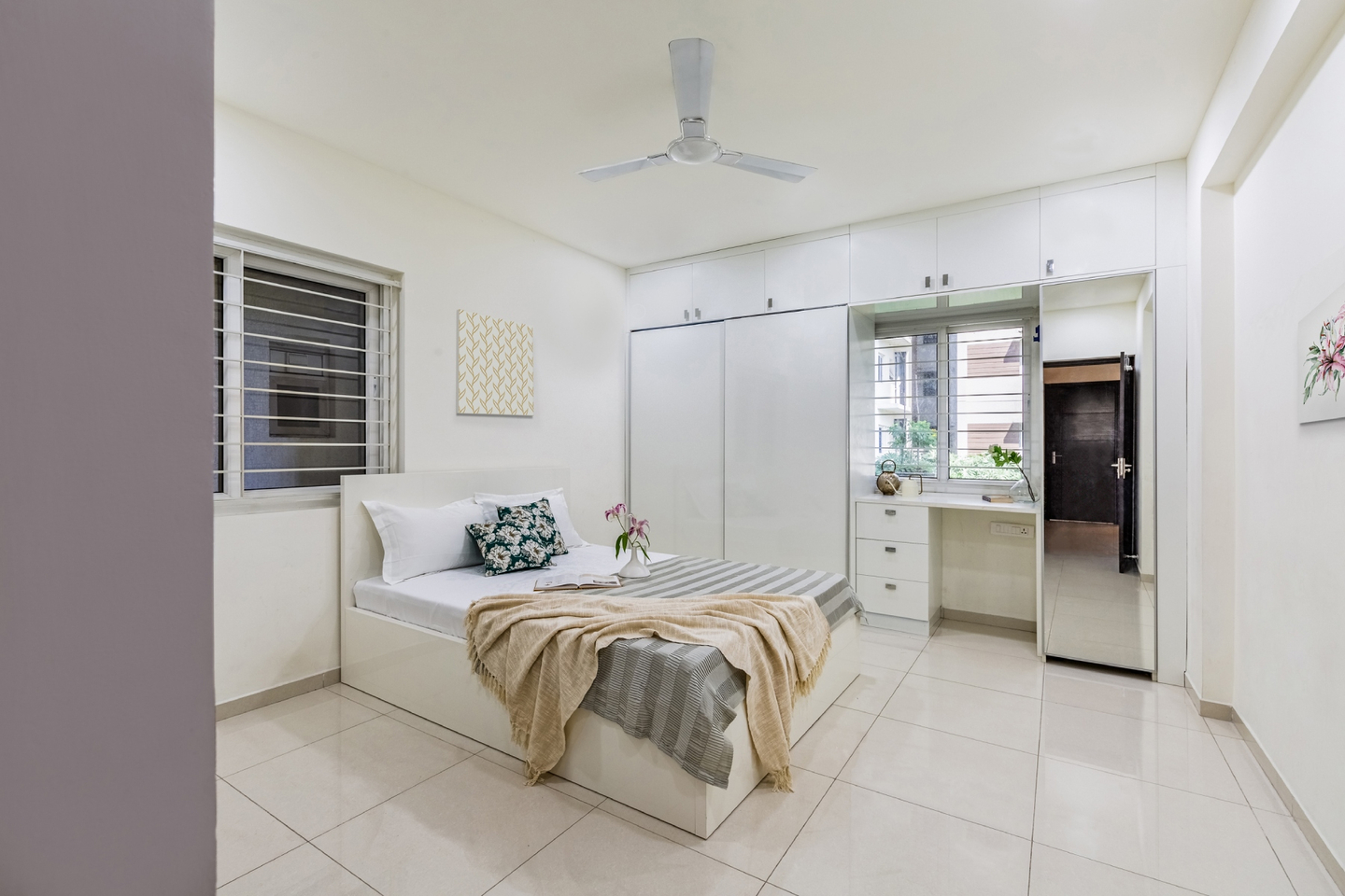 Creamy Plain Tiled Flooring Design | Livspace