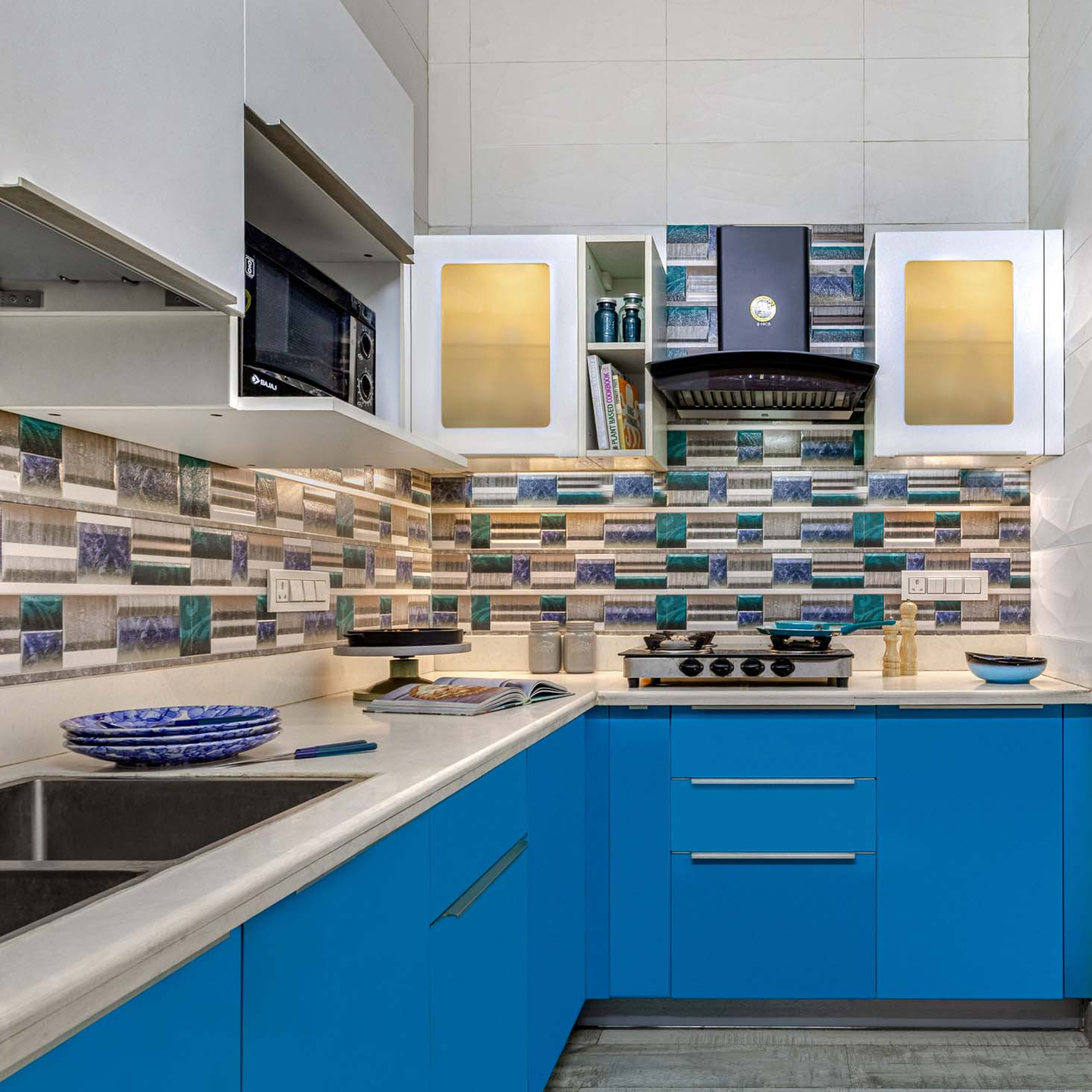 Glossy Kitchen Tile Design With A Ceramic Dado | Livspace