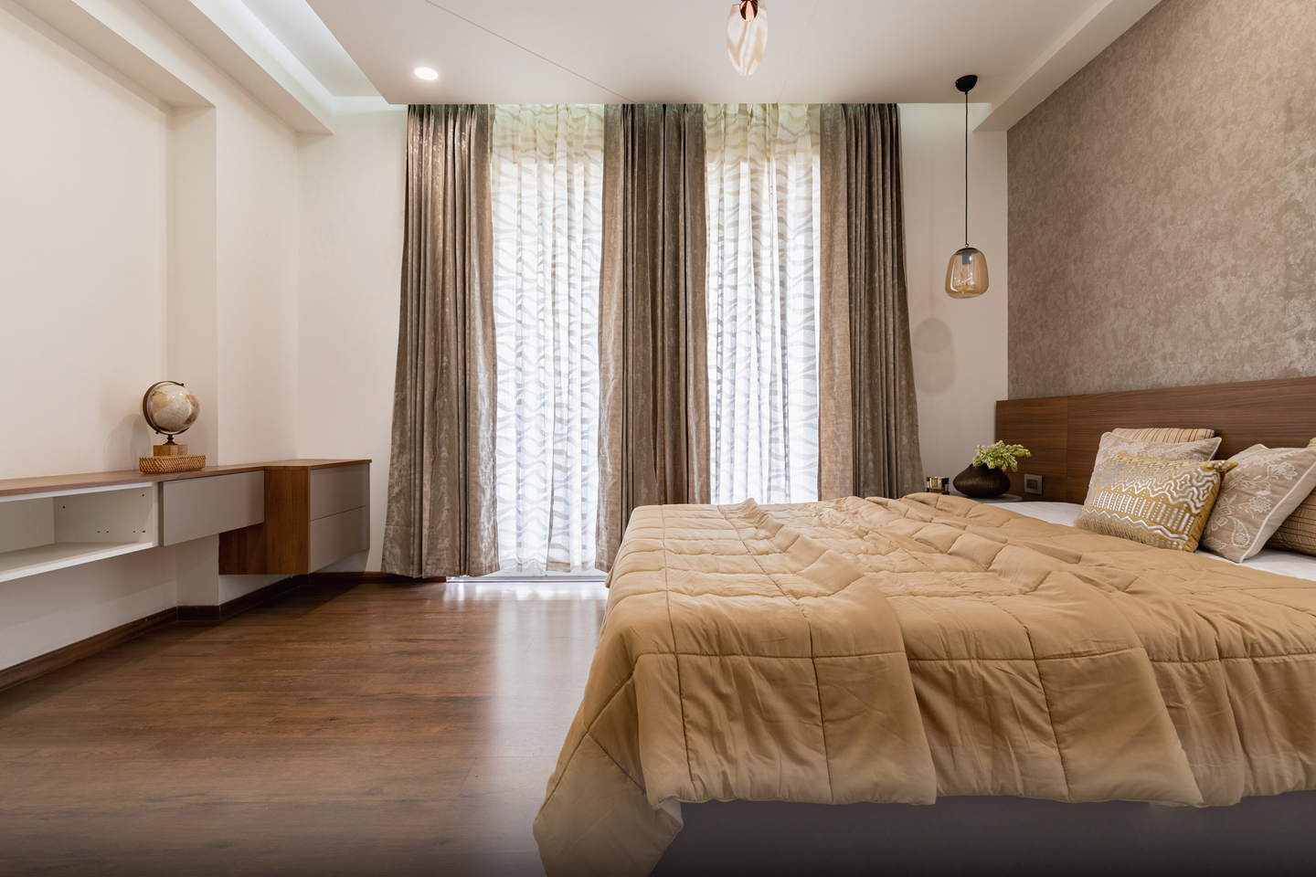 Elegant Bedroom Tile Design With Wooden Laminated Planks | Livspace