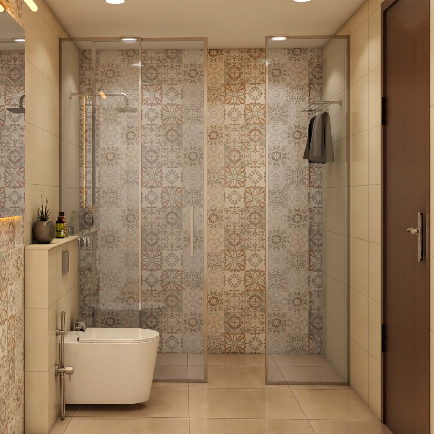Warm-Toned Bathroom Tile Design With Beige Patterns | Livspace