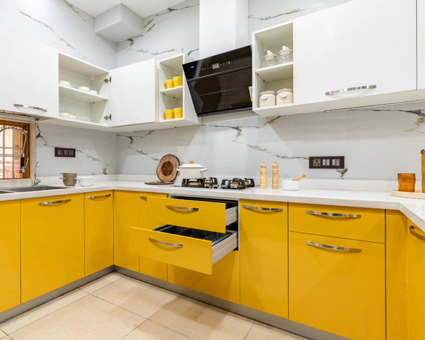 White Vitrified Tiles Design With Grey And Golden Grains | Livspace