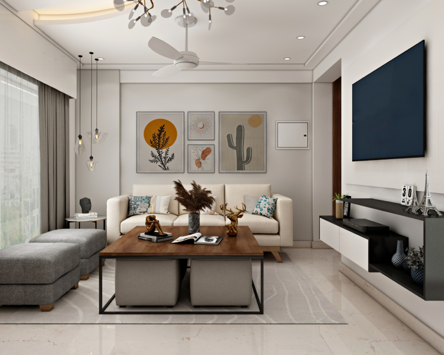 Living Room Wall Painting Design With A Neutral Colour Palette | Livspace