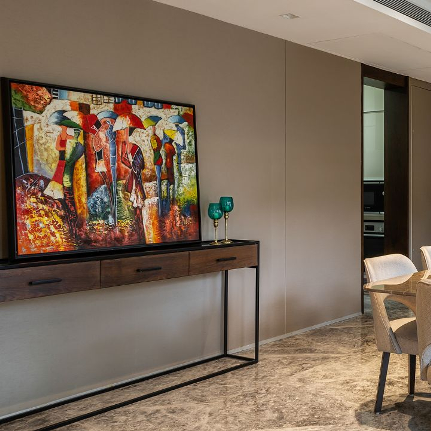 Light Grey Wall Paint With A Vibrant Painting | Livspace
