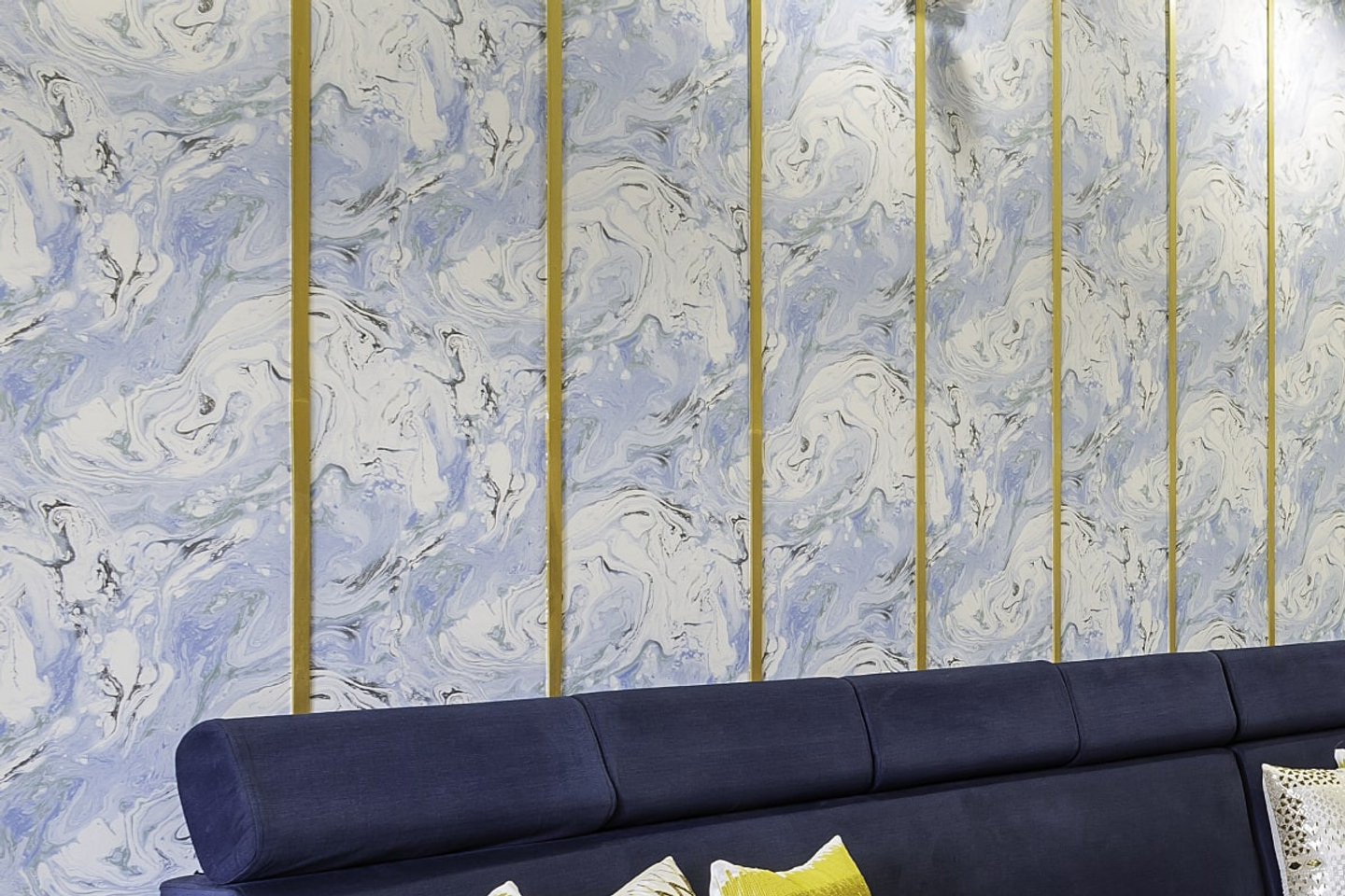 Marble-Themed Wallpaper For Living Rooms With Golden Inlays | Livspace