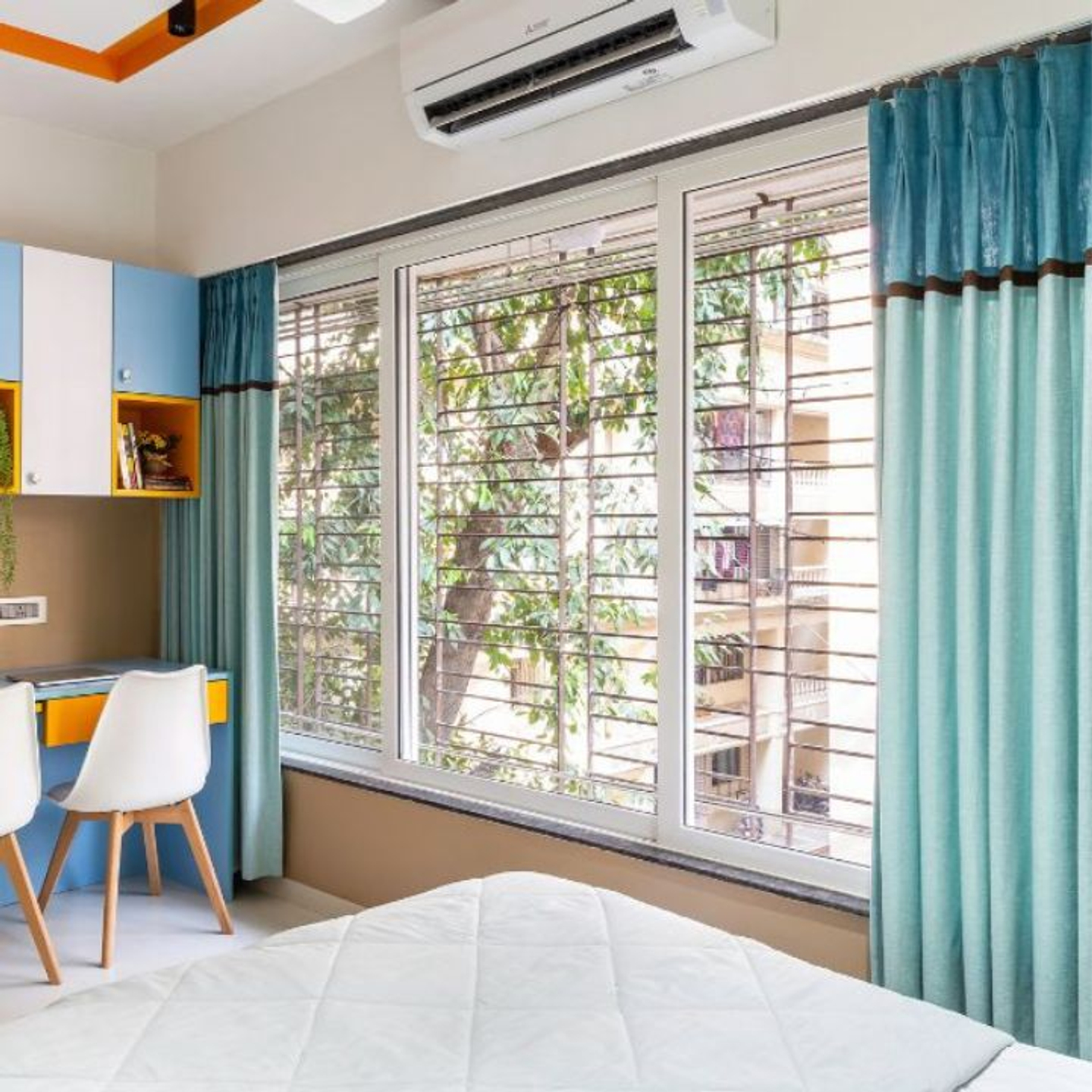 Sliding UPVC Window Design With Green Curtains | Livspace