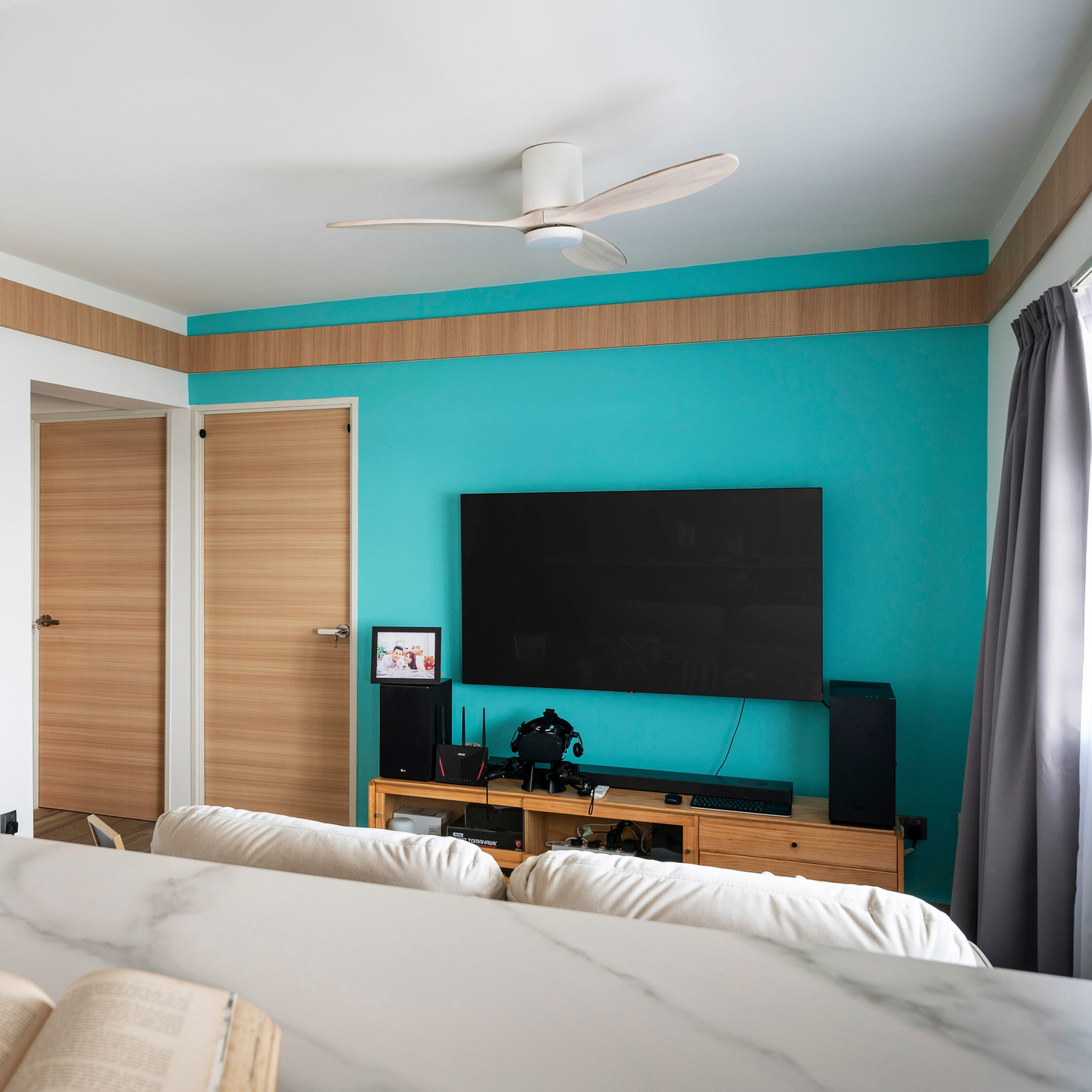 Main Hall Modern Tv Unit Design With Blue Details Livspace