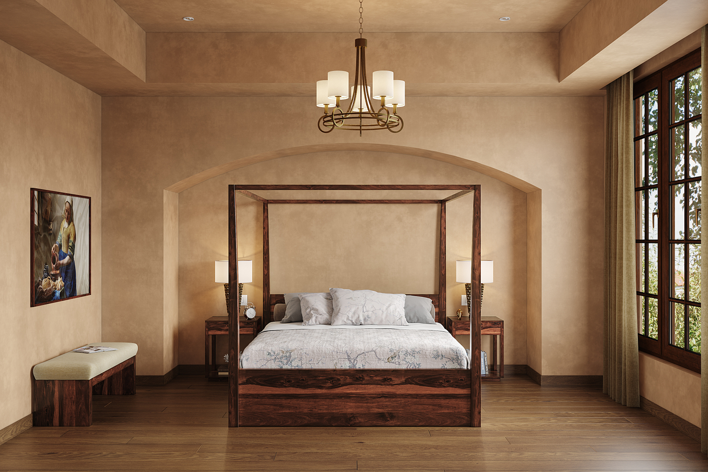 Rustic Spacious Master Bedroom Design With Wooden Frames | Livspace