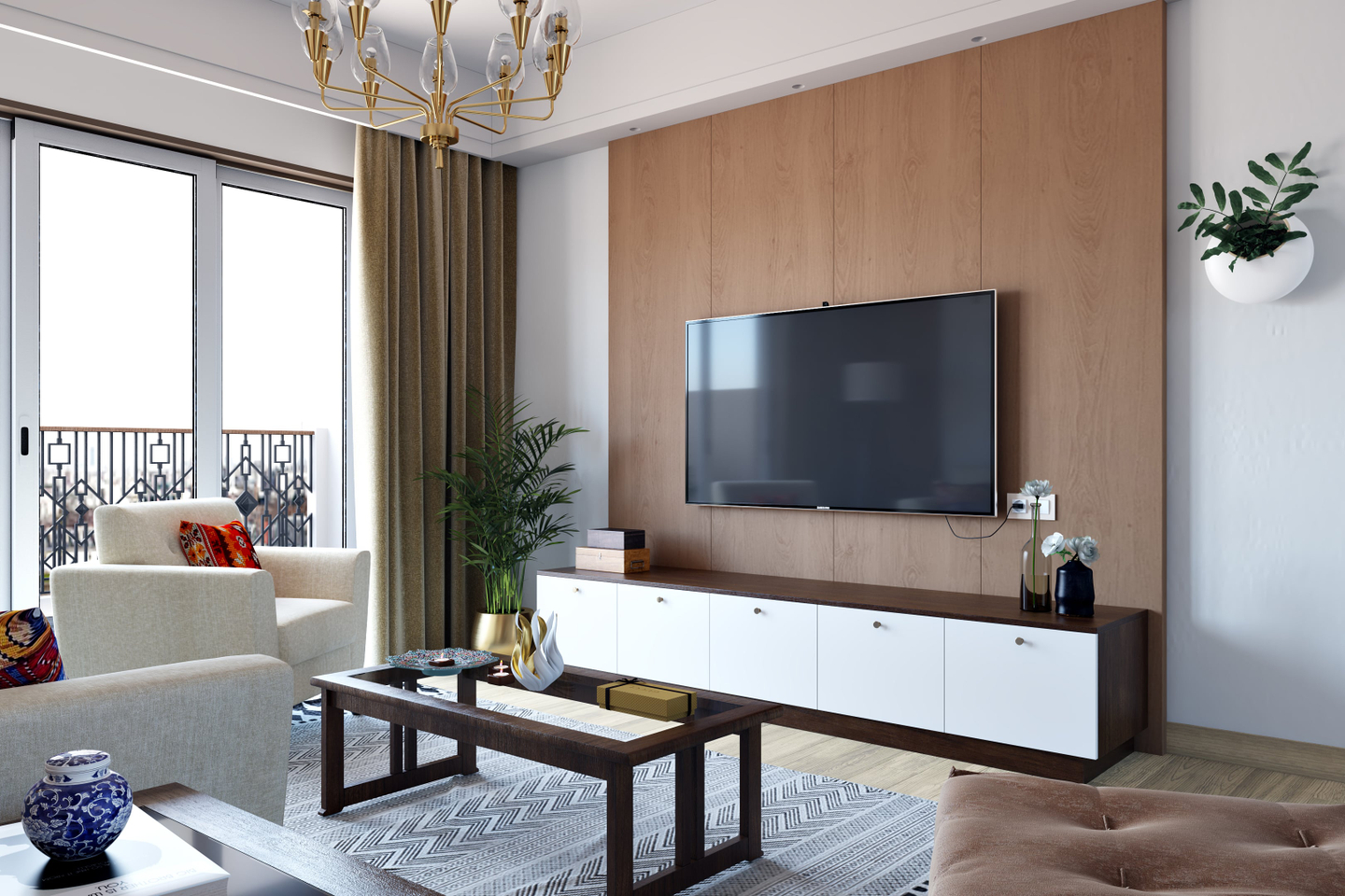 Spacious Tv Unit Design With Large Wooden Panel Livspace