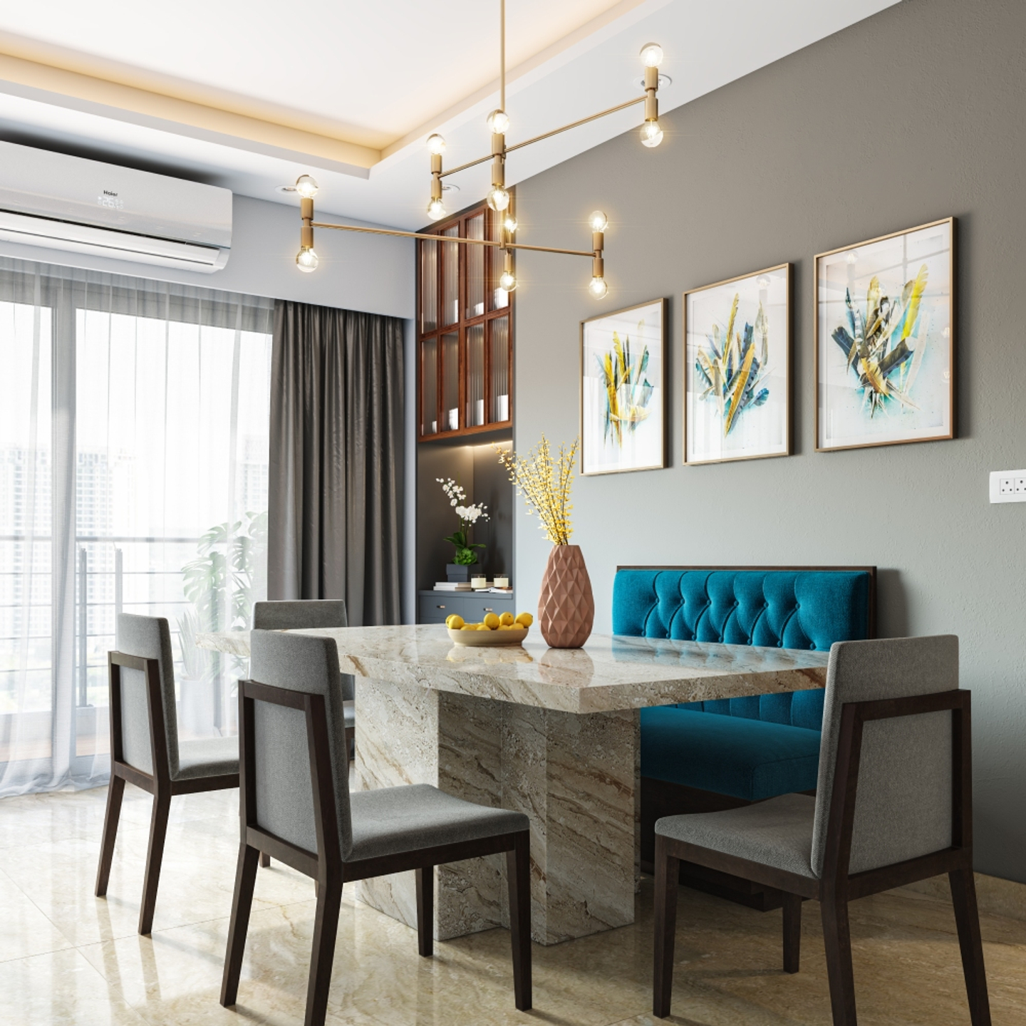 Spacious Single-Layered Ceiling Design With Chandelier | Livspace