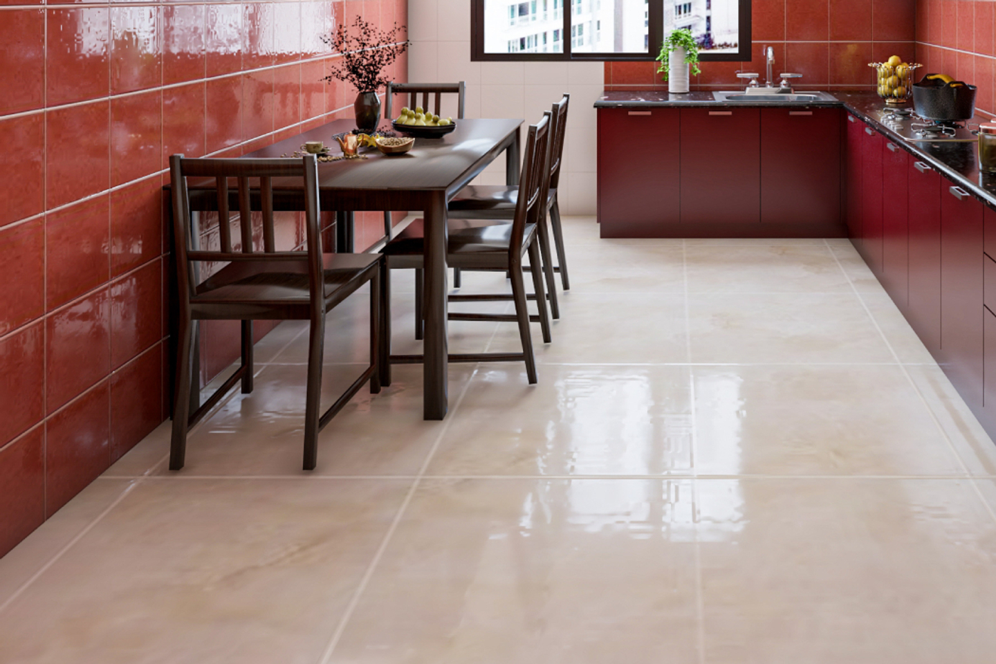 Beige Sqaure Floor Tiles Design | Livspace