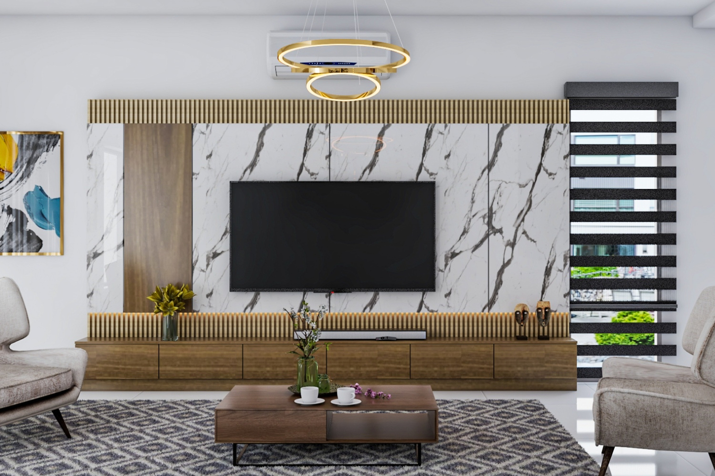 Spacious TV Unit With A Marble Back Panel | Livspace