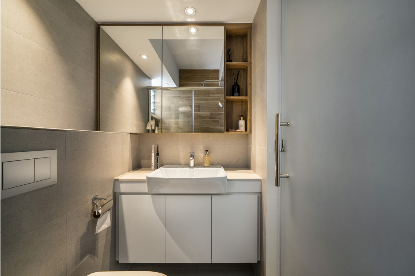 Contemporary Bathroom Design With Open And Closed Storage | Livspace