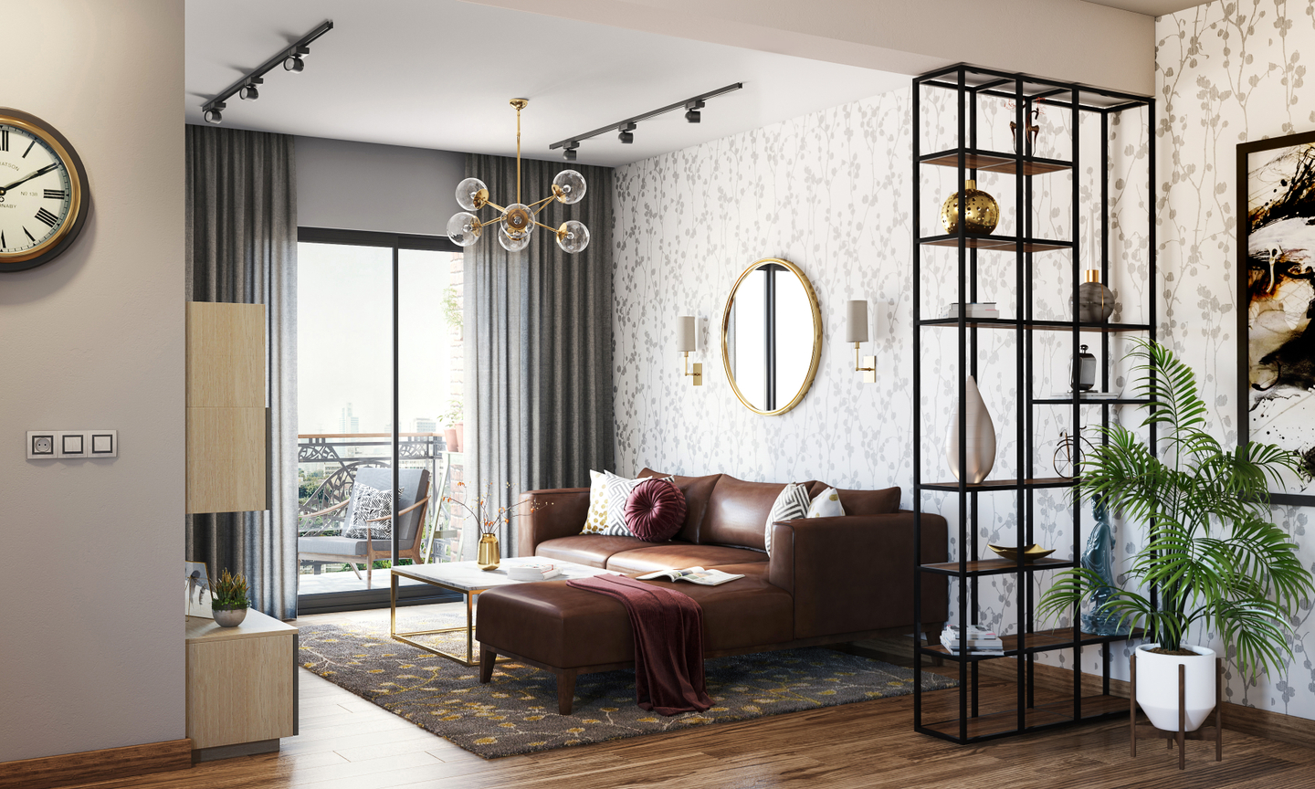 Rustic Industrial Living Room with Leather Soda and Display Unit | Livspace