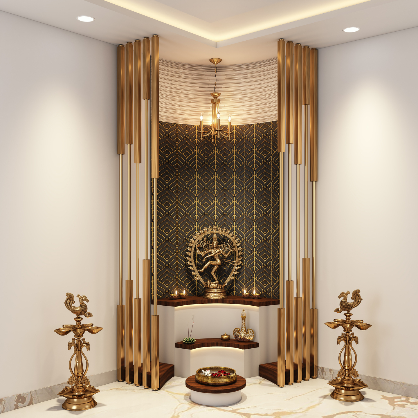 Space-saver Open Pooja Setting with Gold Embellishments